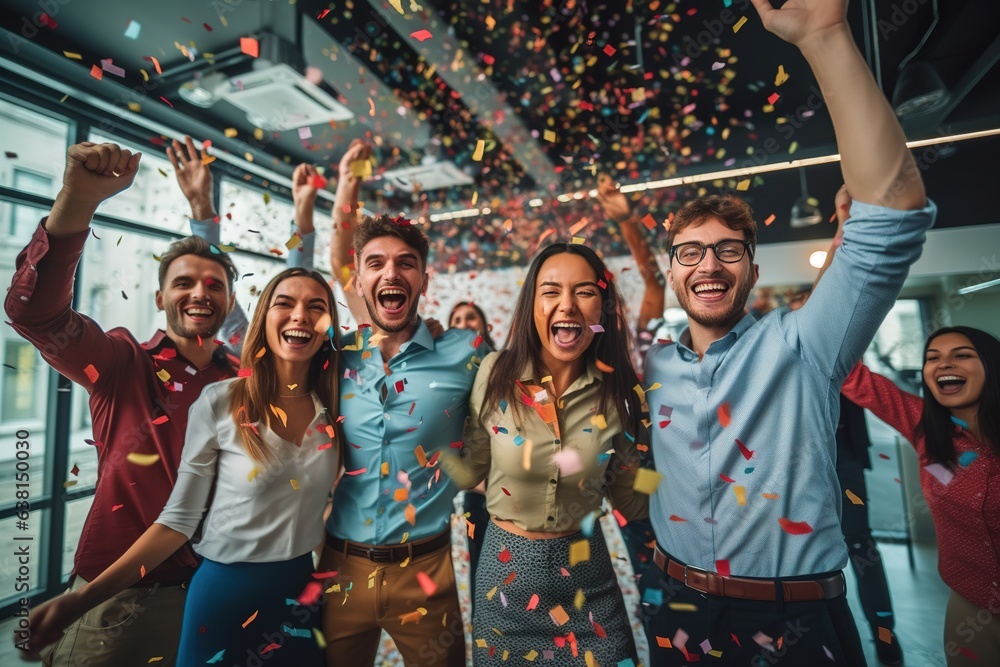 Happy diverse employees team celebrating success business achievement among confetti. Stock ...