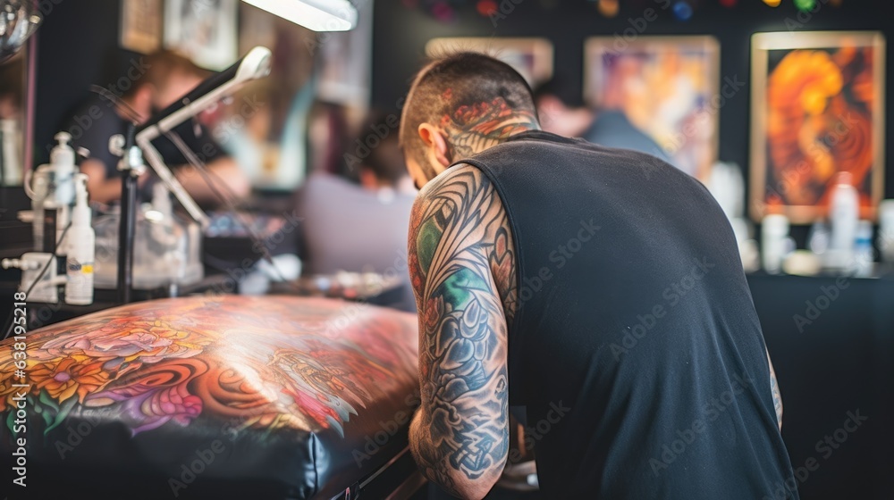 tattoo artist tattooing a client in a tattoo parlor generative ai Stock ...