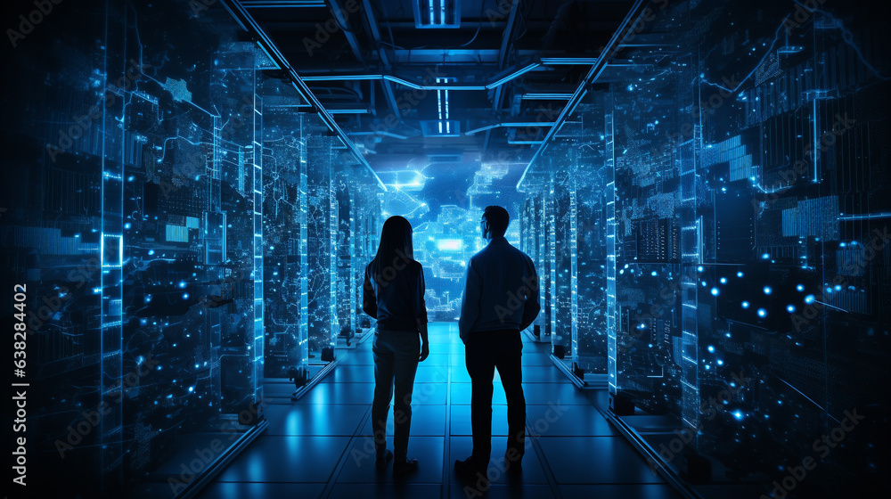 AI Engineers Analyzing Deep Learning Data in a Holographic Server Room Environment Stock ...