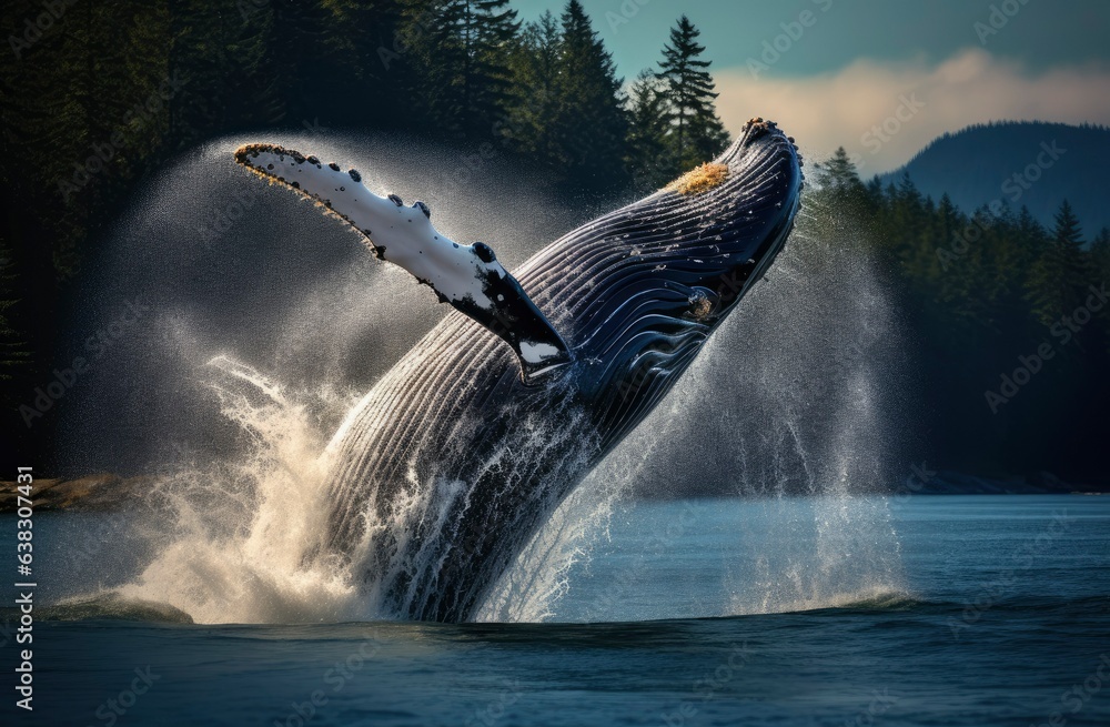 Humpback whale jumping out of the water.. The whale is spraying water ...