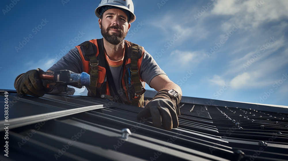 A Maintenance roof replacement, worker holding a bolting tool is ...