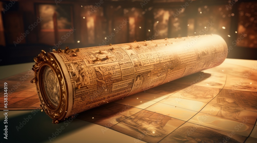Ancient scroll unraveling to reveal a timeline of futuristic events ...