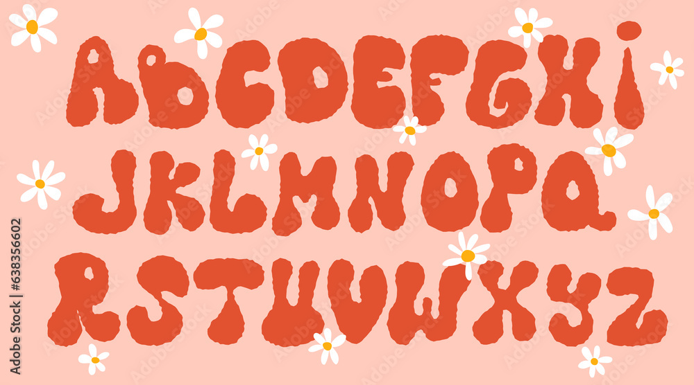 Hippie bohemian groovy postmodern funky font alphabet 1960s style. ABC ...