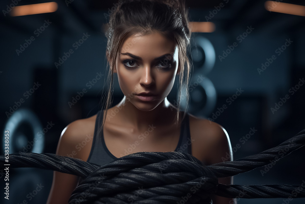 Battle ropes exercise. Strong woman exercising with battle ropes at the ...