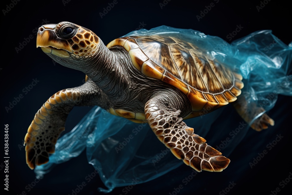 ภาพประกอบ Stock dramatic sea turtle trapped in a plastic bag underwater ...