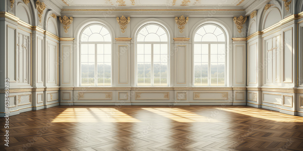 Big Empty room in light colors, big windows, vintage style. Empty ...