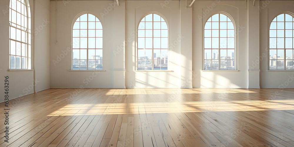 Big Empty room in light colors, big windows, vintage style. Empty ...