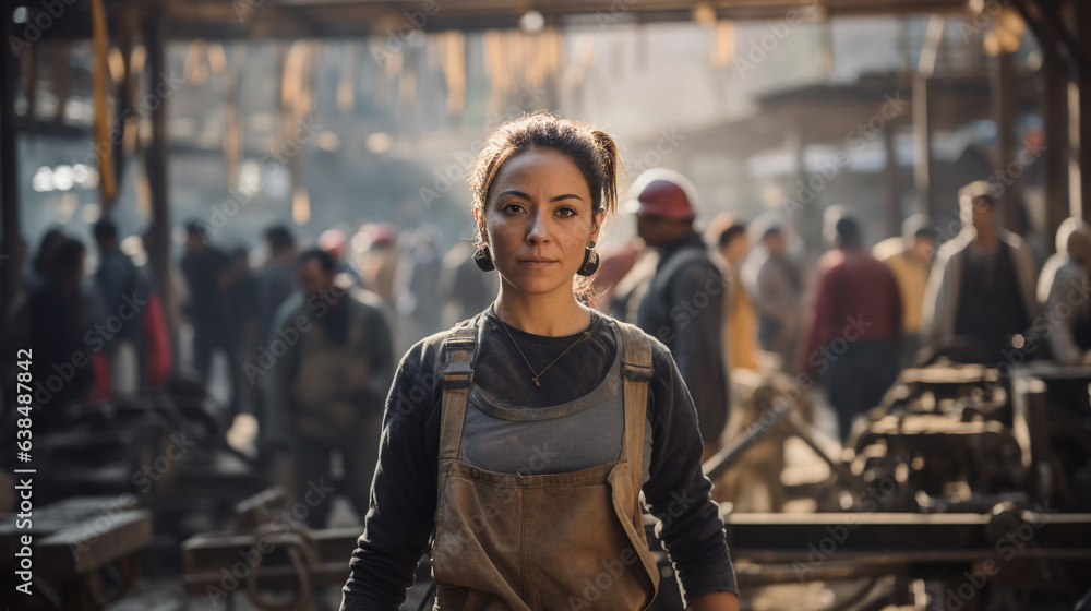 A strong and resilient female worker, amidst a busy construction site ...