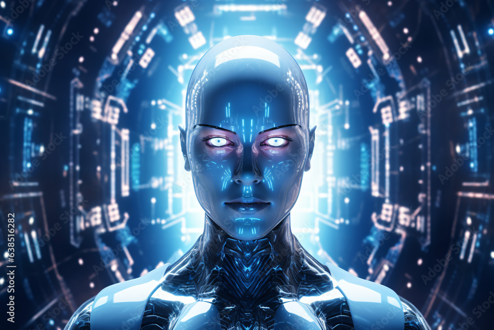 3D humanoid AI robot metaverse cyberspace digital world background ...