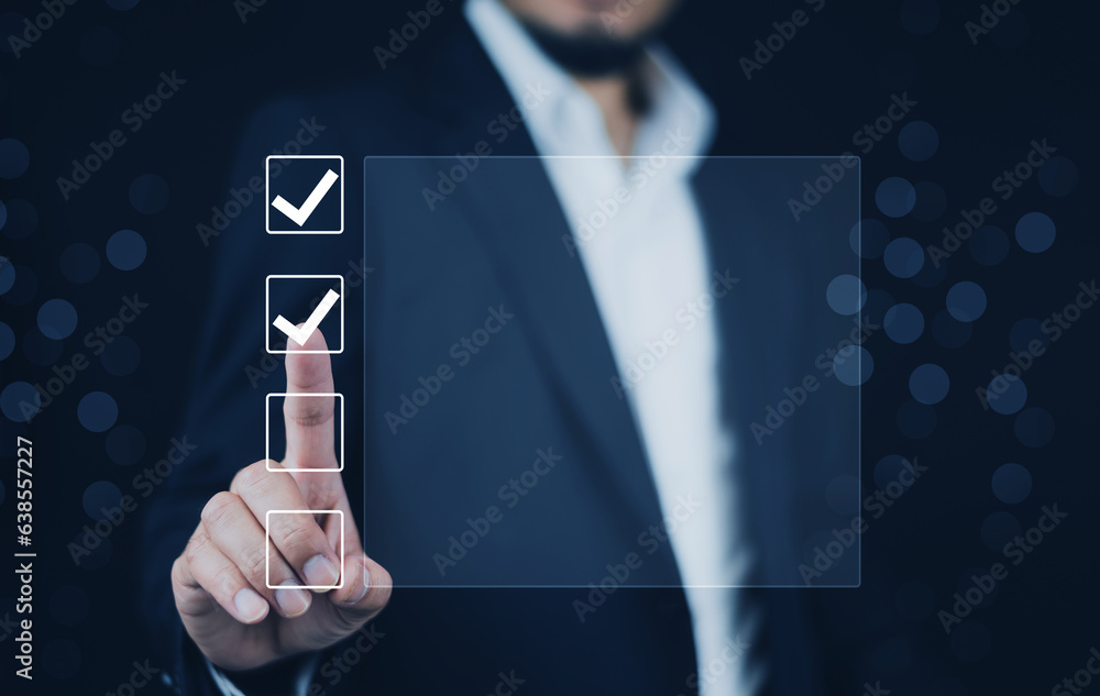 Businessman touch on digital screen check correct sign mark in checkbox ...