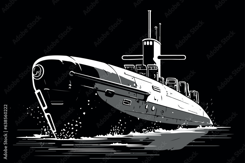 Submarine at sea. Vector drawing isolated on black background. Stock ...