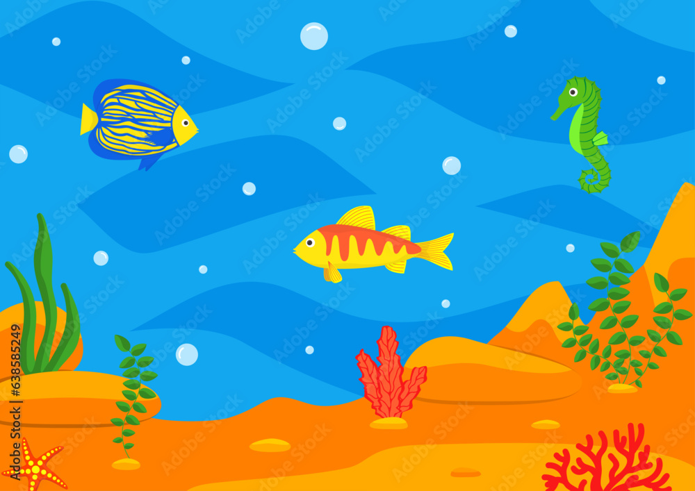 Cartoon underwater landscape. Sea and ocean underwater, game level ...