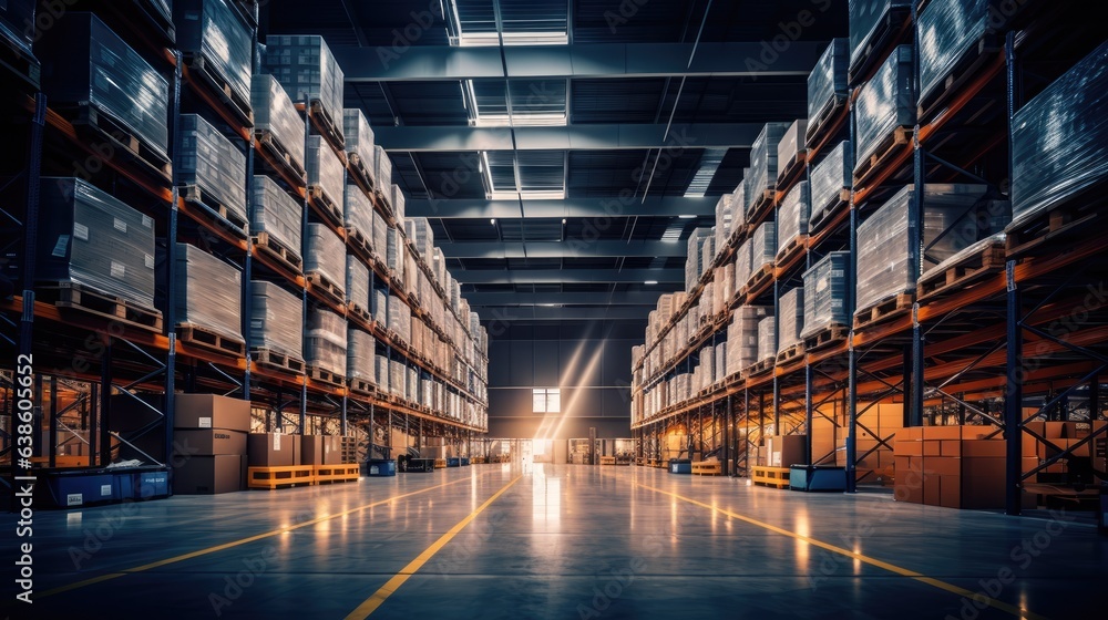 A large warehouse with numerous items. Rows of shelves with boxes ...