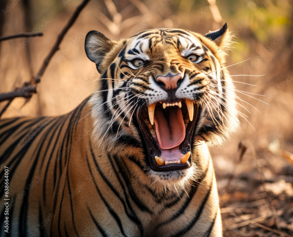 A tiger roaring with its jaw wide open. Tiger with its tongue out looking in the wild, an angry ...