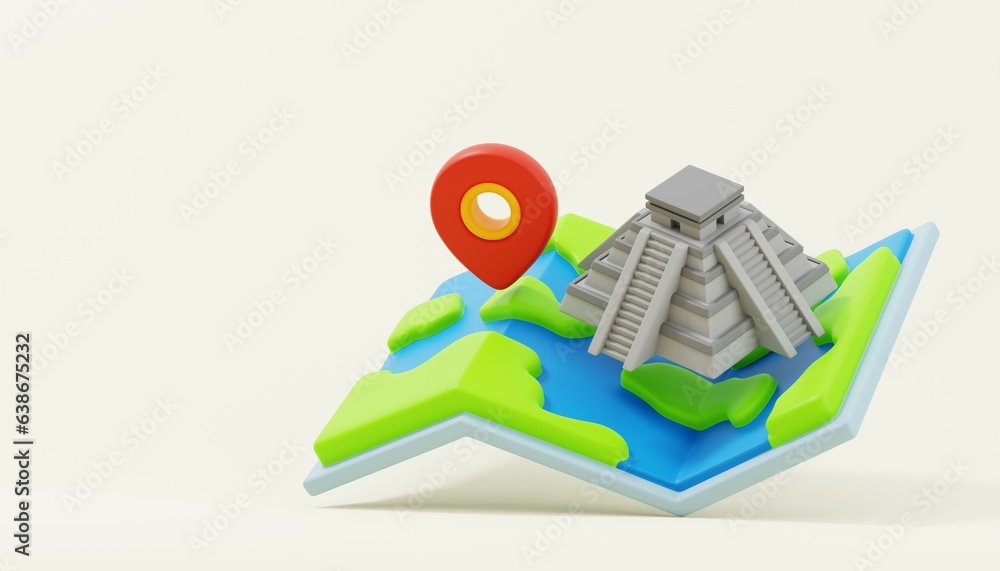 3d cartoon of El Castillo, Temple of Kukulkan, Chichen Itza on map with ...