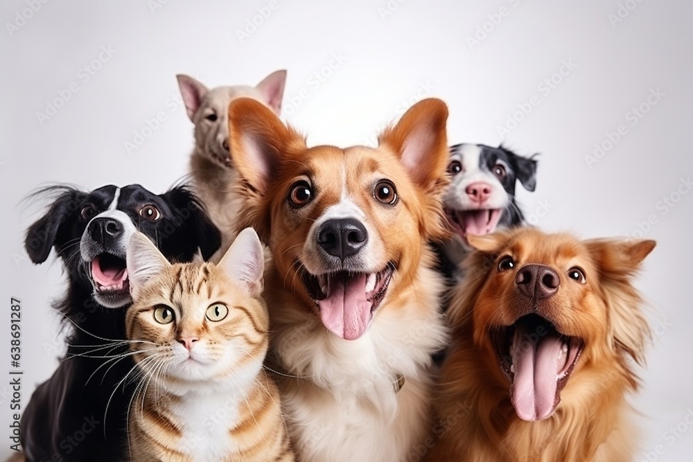 Generative AI : Cute dogs and cats together hanging paws over white ...