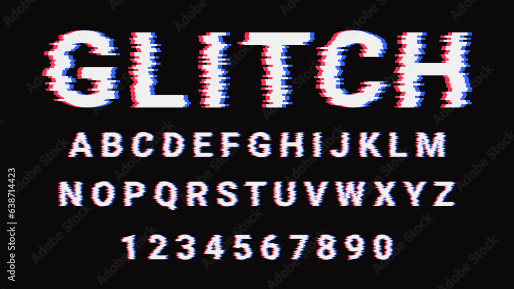 Glitch font with distorted effect on black background. Trendy style ...
