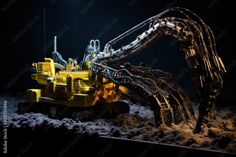 Toy model of excavator at night. Industrial concept. Selective focus ...