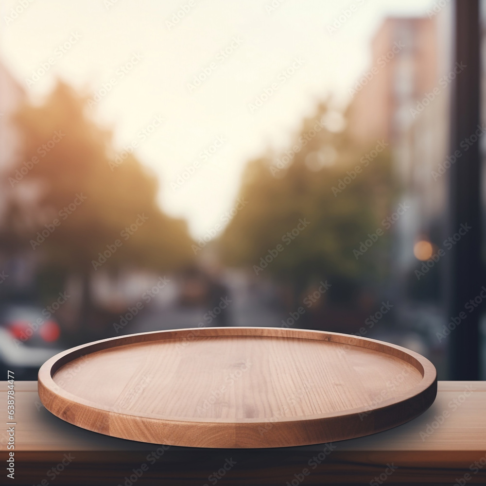 Empty wooden tray on perspective wooden table on top over blur ...