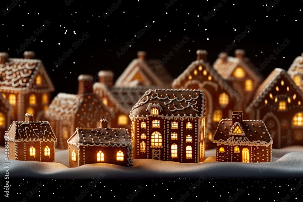 Small illuminated gingerbread village with black background. Cute ...