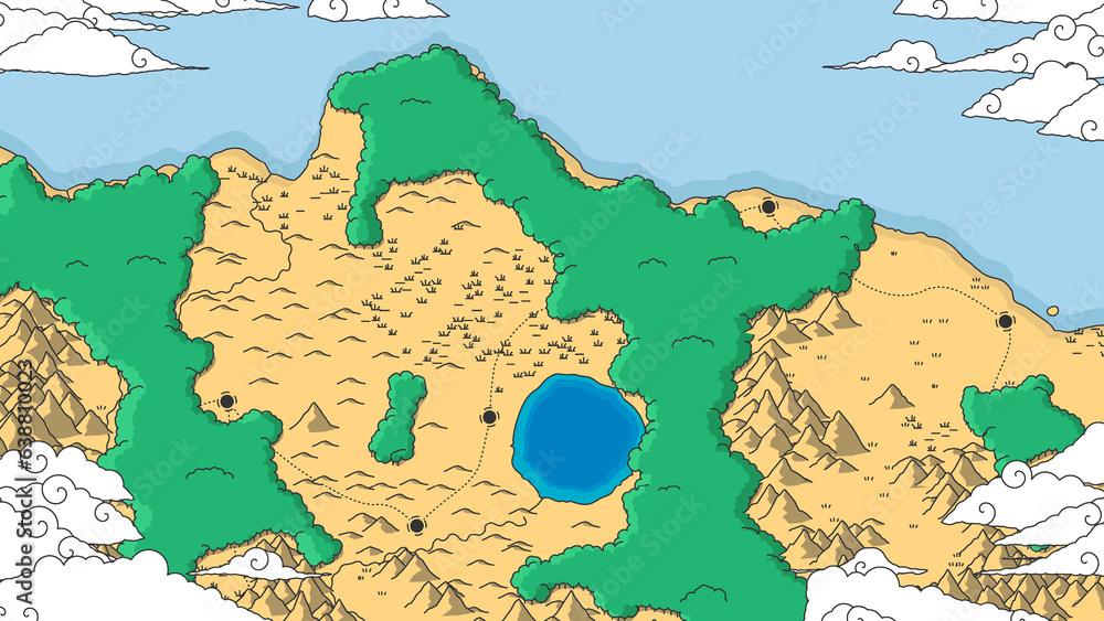 Hand drawn pirate treasure map with terrain and route. Route map of ...