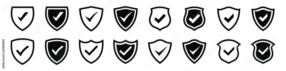 Security shields logotypes with check mark shields. Defense protect ...