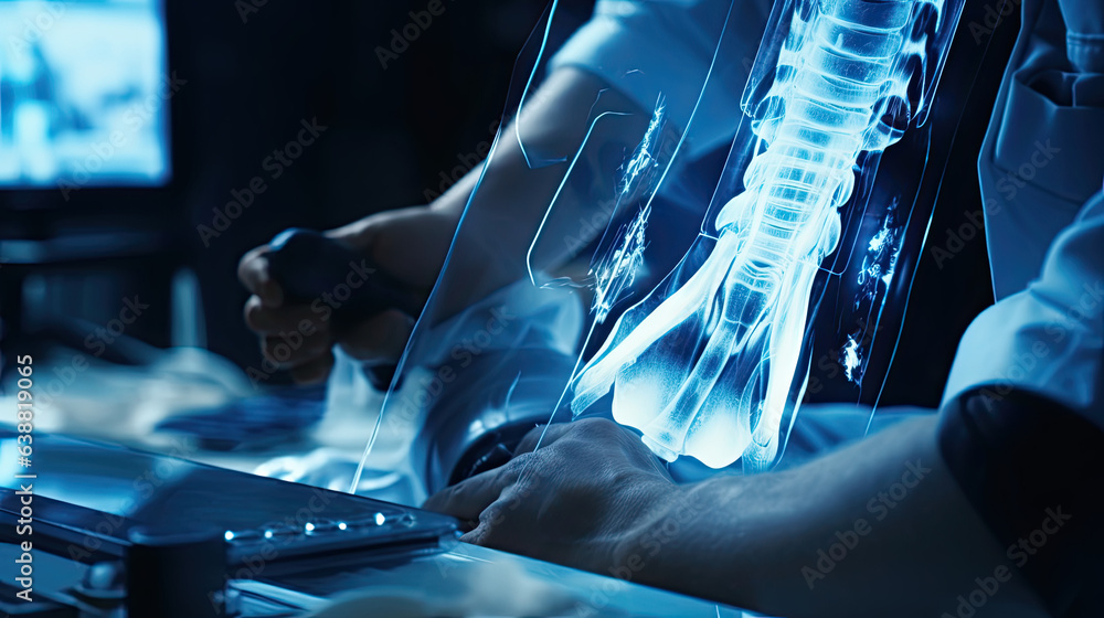Orthopedic surgeon doctor examining patient's knee joint x-ray films ...