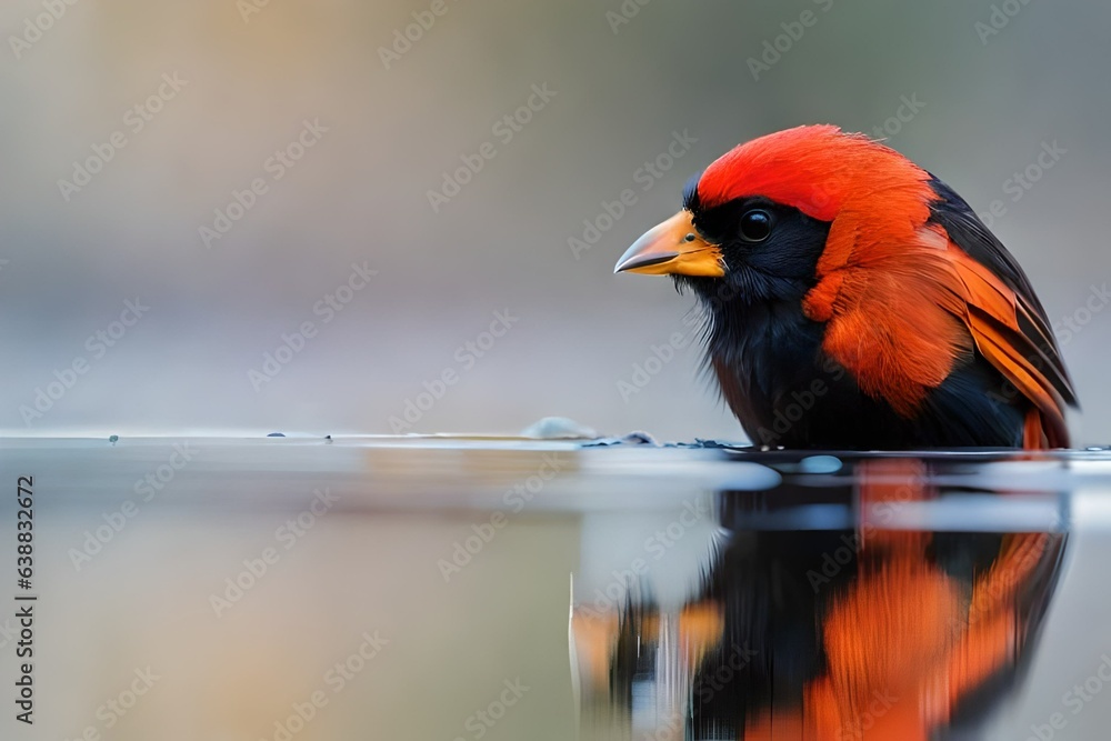 single Red Bishop Euplectes orix side view sitting sad in water Captive ...