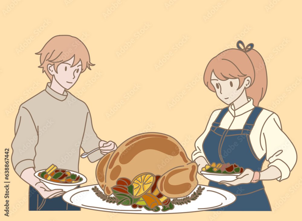 Hungry man and woman in buffet restaurant spooning out the food. Family ...