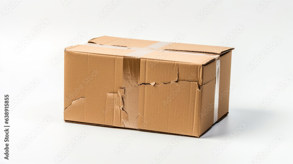 Damaged cardboard box on white background, destroyed in shipping Stock ...