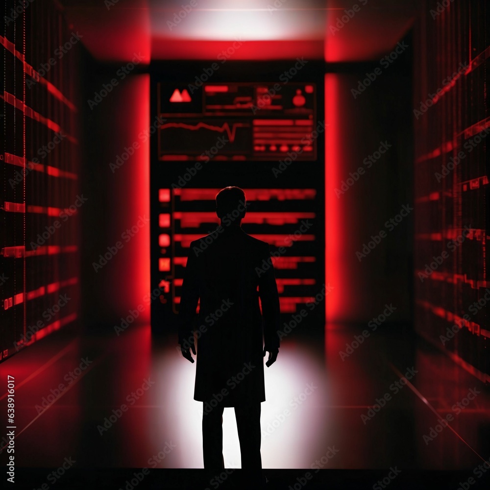 Red alert in data center server room. Cyber security. Data security breach. Hacker attack ...