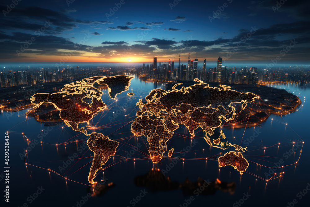 Global Markets. World map with trade routes and connections ...
