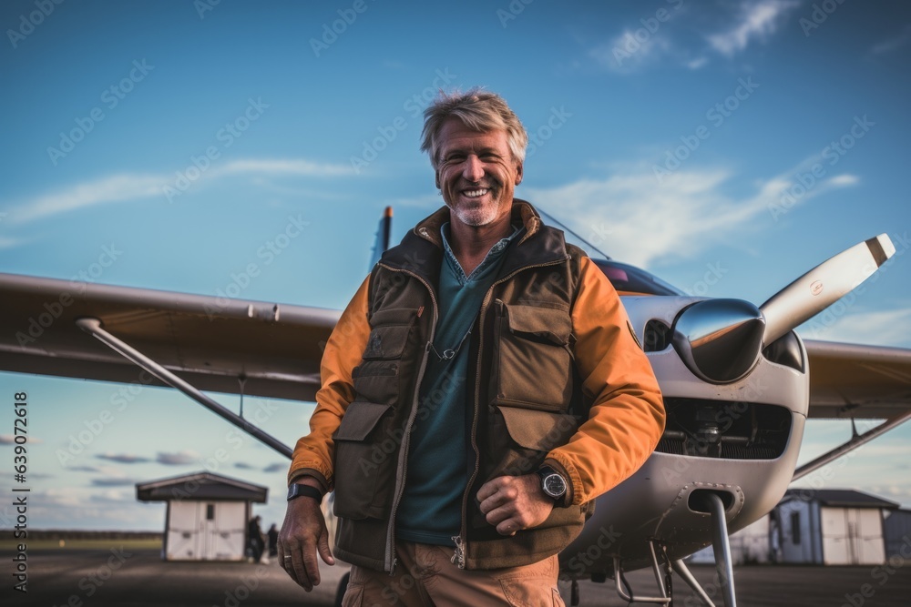 Group portrait photography of an adventurous pilot taking off for a ...