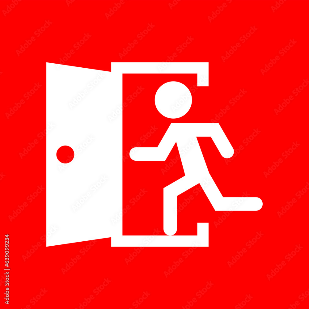 White emergency exit door fire escape sign warning in red circle icon ...