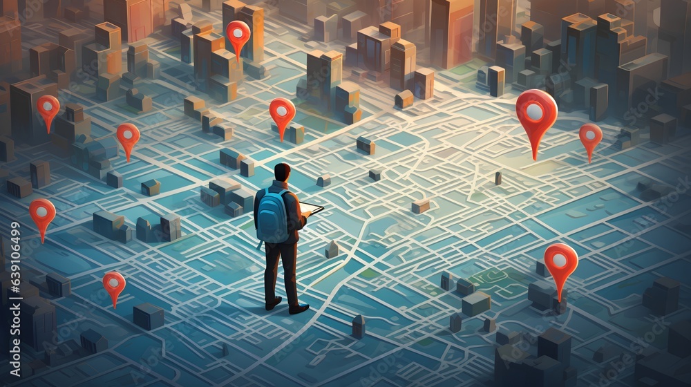 Geofencing technology. Miniature city model with person standing in the ...