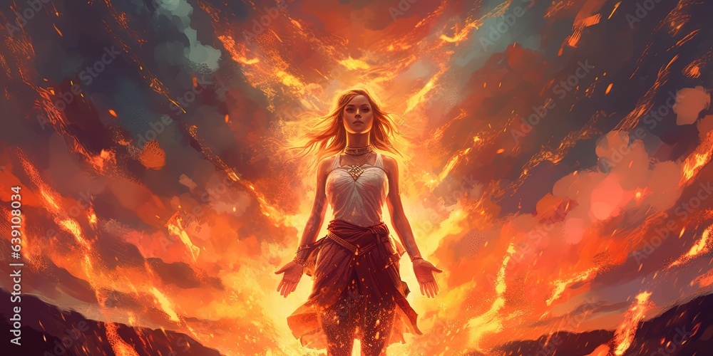 Warrior woman standing on the ground of fire watching the spirits float ...