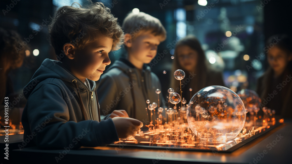 Children, student focusing in geography class with conceptual 3D model ...