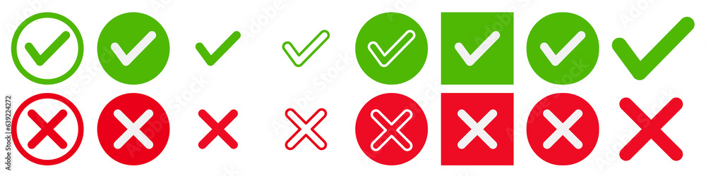 Set of green approval check mark and red cross icons in circle, square ...