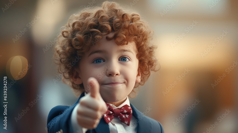 A happy little genius, a smiling boy with curly blond hair, wearing a ...