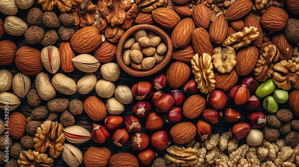 Realistic photo of different kind of nuts. top view nuts scenery Stock ...
