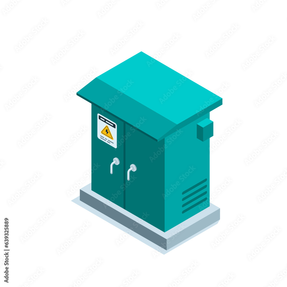 isometric transformer box in color on a white background, electricity ...