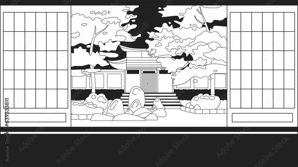 Japanese room interior bw cute kawaii lo fi background. Sakura garden ...