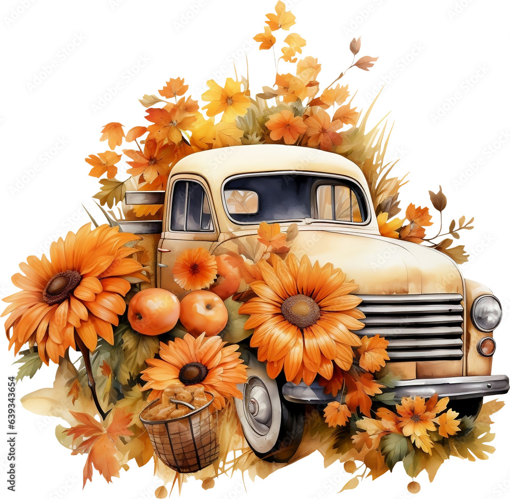 Fall Pumpkin Truck Clipart, Watercolor Vintage Farm Truck PNG, Autumn ...