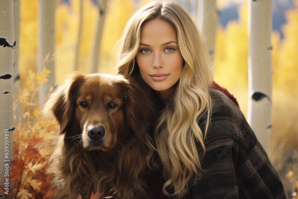 In a beautiful autumn portrait, a stunning woman with long, blonde hair ...