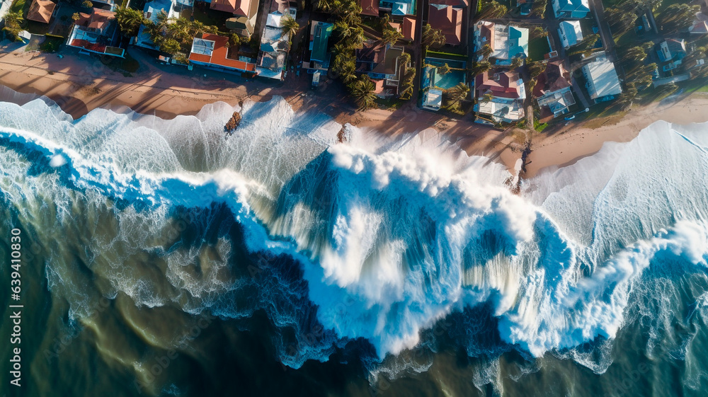 Bird's-eye view of a massive coastal wave crashing onto houses during a ...