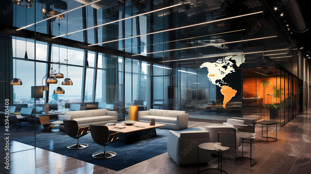 Hyper-realistic photography of office interior design inside a large ...