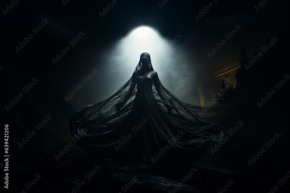 The evil nun's figure rising against a backdrop of ominous darkness ...