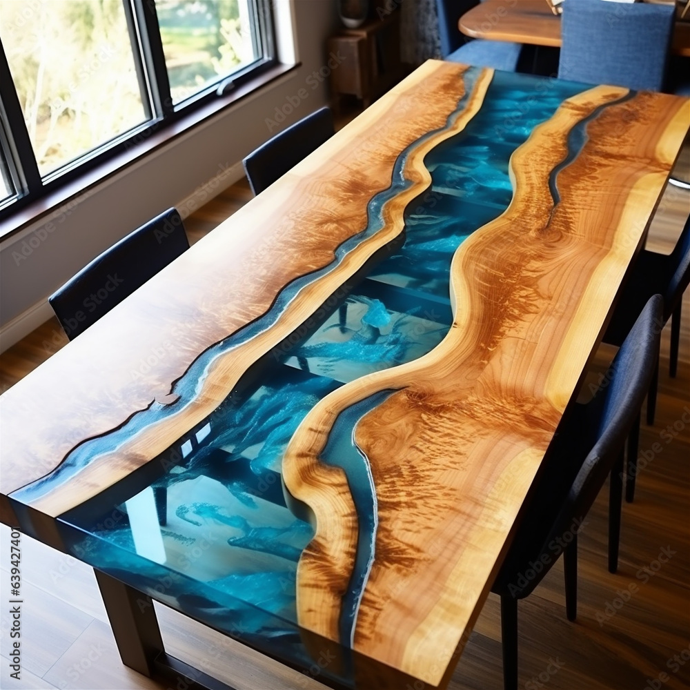 Custom Made Epoxy River Table, Custom Wood Table with Blue Epoxy in the Shape of a Body of Water ...