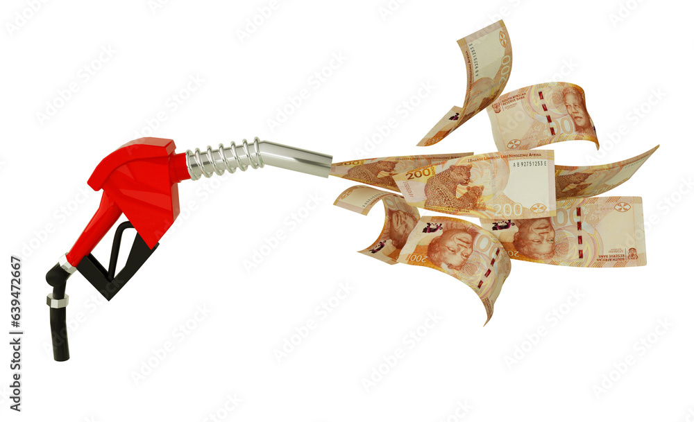3d rendering of South Africa Rand notes coming out from fuel pump. red ...