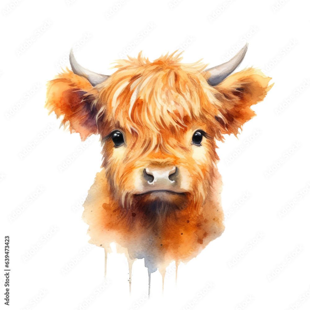 Baby highland cow portrait watercolor clipart on transparent background ...